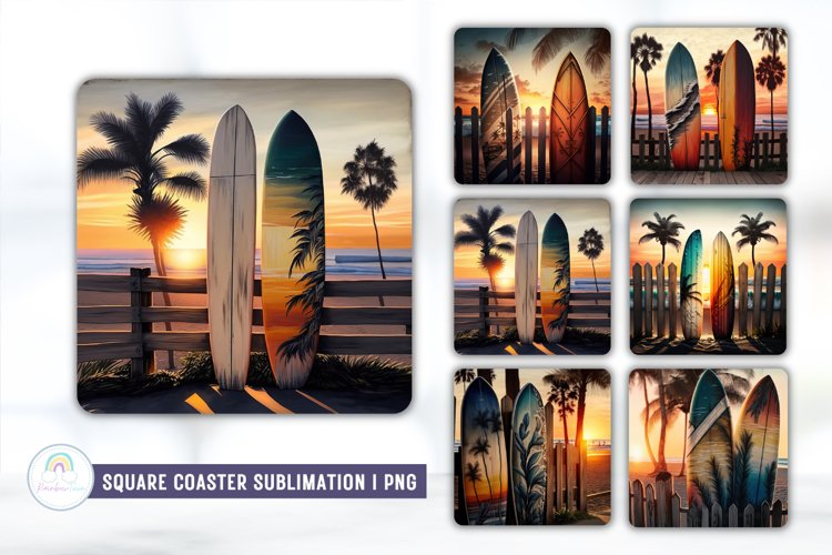 Surfboard Beach Square Coaster Sublimation Design Bundle