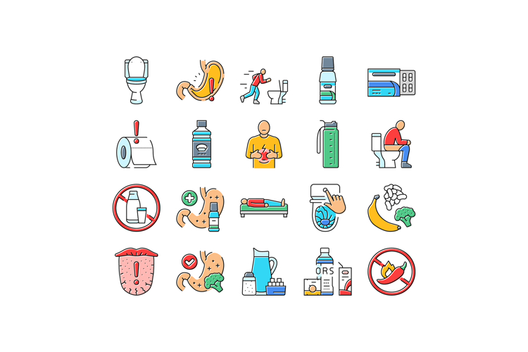 diarrhea causes icons set vector (6570599)