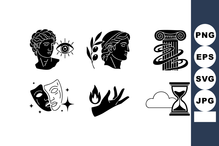 Ancient Greek Mythology Symbols Vector Set with Classical He