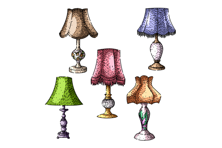 Collection of antique table lamps in vintage engraving style