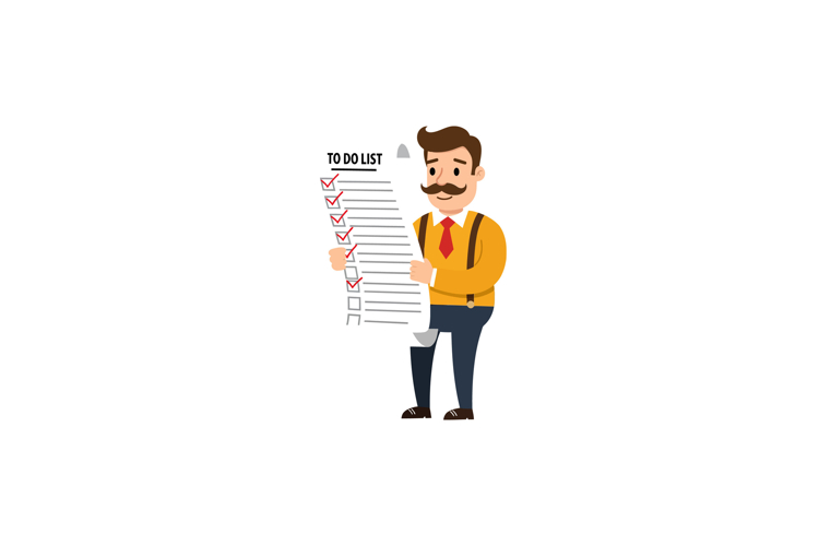 Man holding a checklist with checked items in flat vector ar