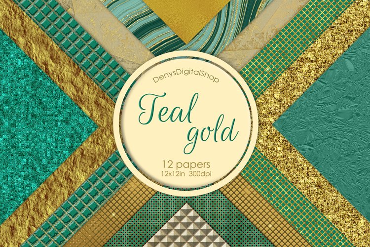 Teal Gold Digital Papers, Digital Scrapbook Papers 12x12 in (1646043 ...