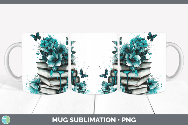 Teal Drips Book Stack Mug Wrap Sublimation Coffee Cup Design
