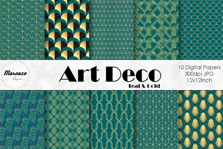 Art Deco Digital Papers - Teal and Gold x 10