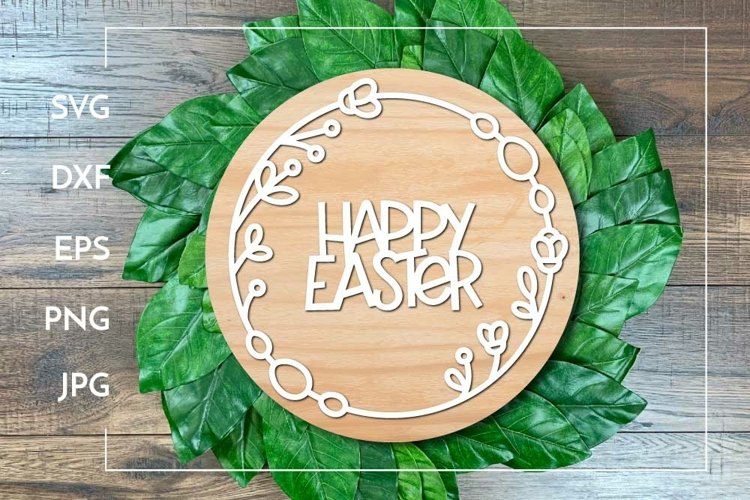 Round Happy Easter sign Flower wreath Laser cut