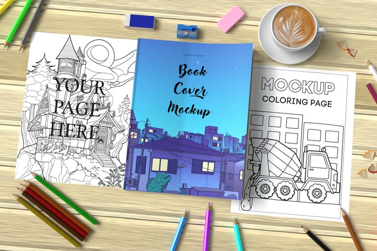 Two coloring pages and book cover mockup PSD and JPG