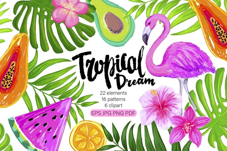 Tropical dream. Patterns, elements, clipart. EPS JPG PNG
