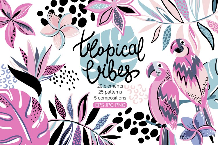 Tropical vibes set. Seamless patterns, posters, elements
