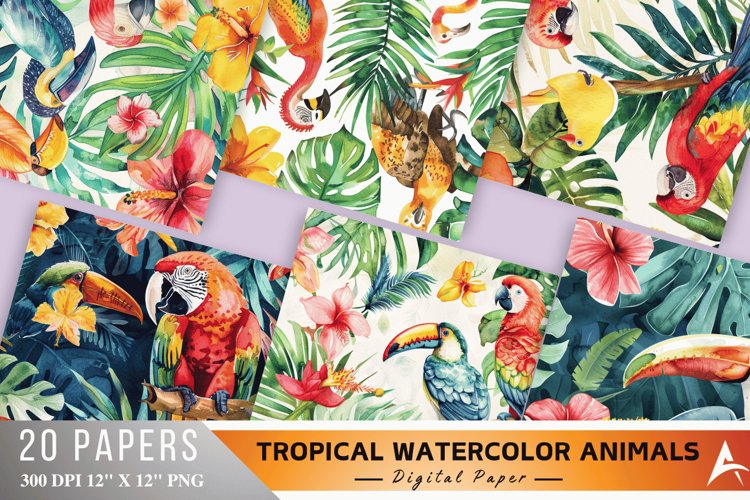 Tropical Watercolor Animals Digital Paper Bundle