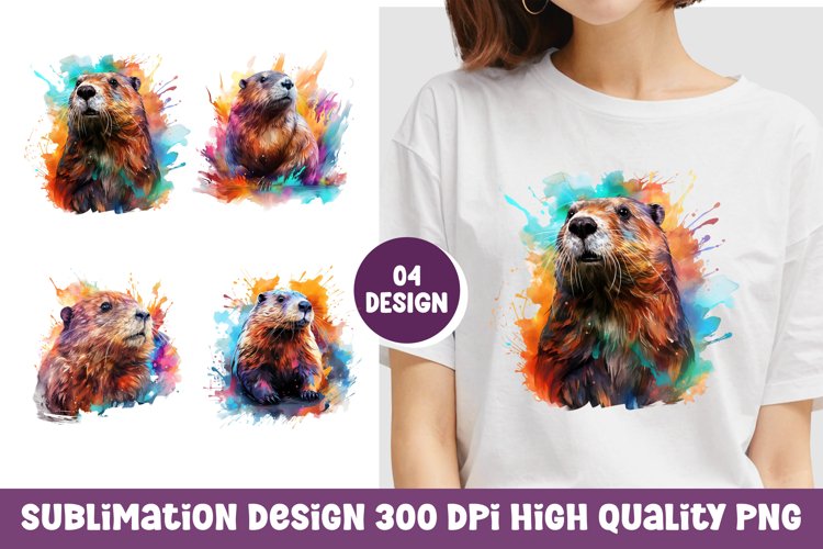 Colorful beaver watercolor sublimation