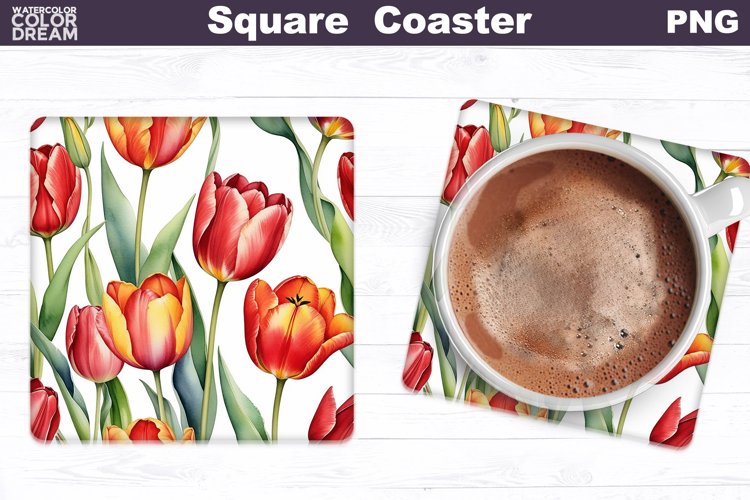 Watercolor Tulip Square Coaster | Spring Flowers (5228912)