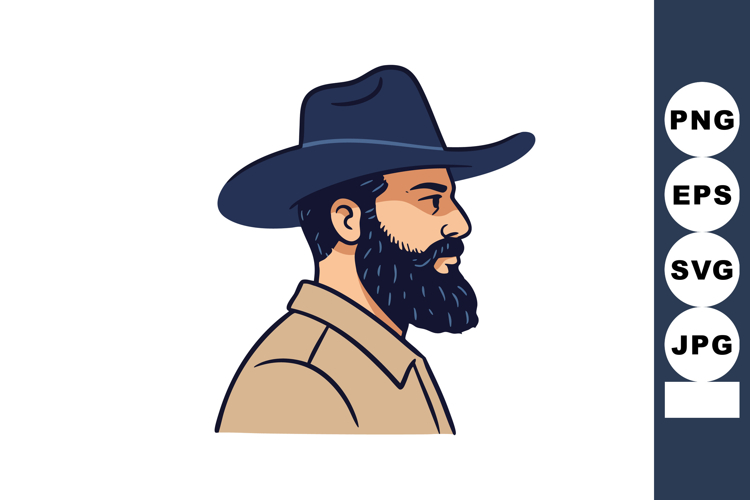 Bearded man profile with wide brim hat and beige shirt vecto