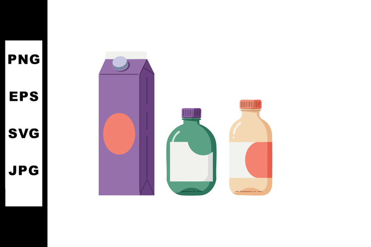 Beverage Container Trio with Purple Green and Peach Bottles