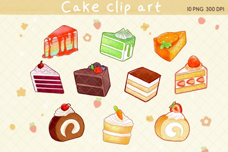 Cute cake clip art, Kawaii cake set PNG