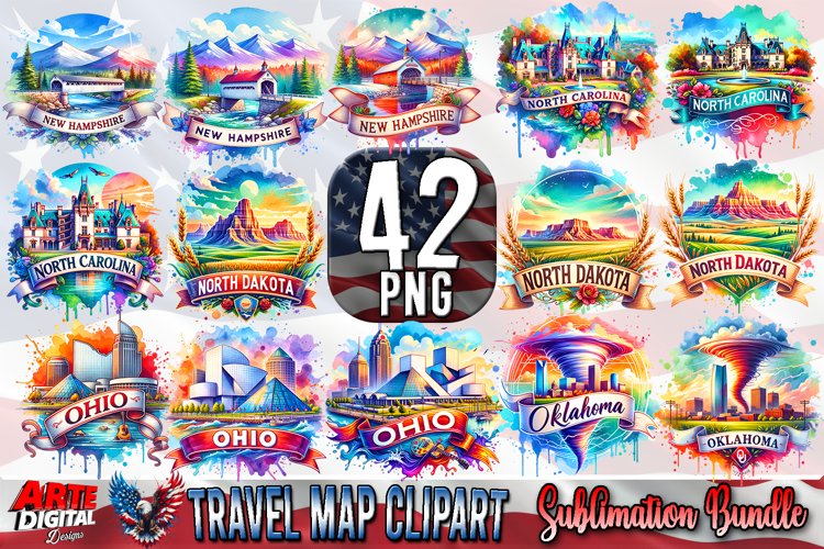 Retro Travel Map of US.States Bundle 3