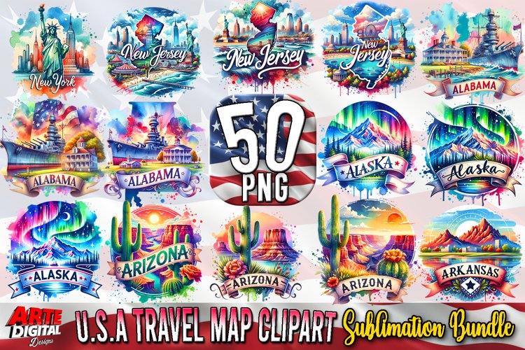 Retro Travel Map of US.States Bundle
