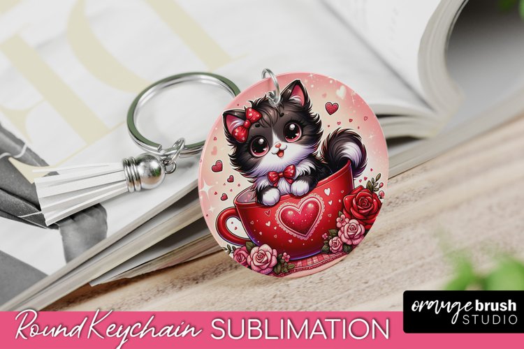 Valentine Cat Keyring - Round Keychain Sublimation Design
