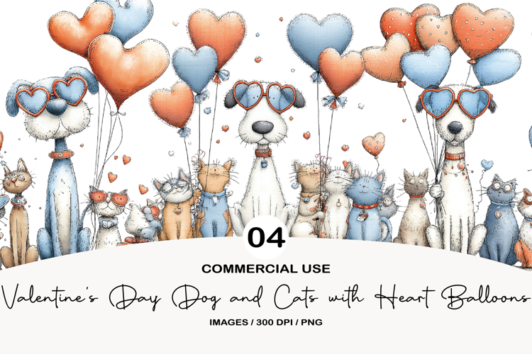 Valentine’s Day Dog and Cats with Heart Balloons