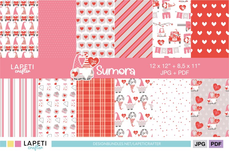 Valentines Gnomes digital paper pack| 12x12 & Letter size