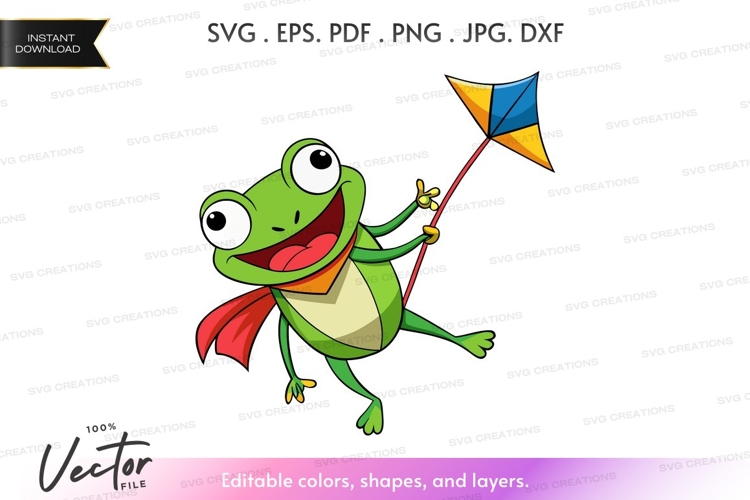 Happy frog flying a kite