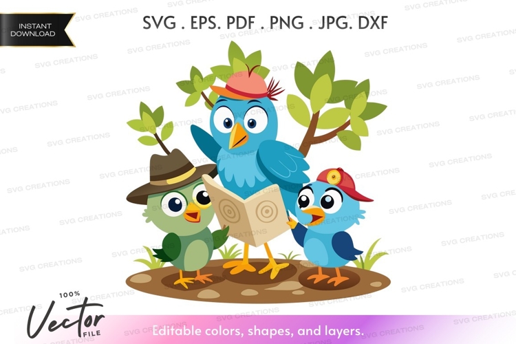 Three birds reading a book