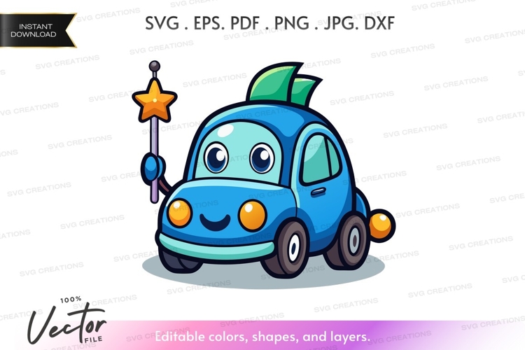 Blue car with magical wand