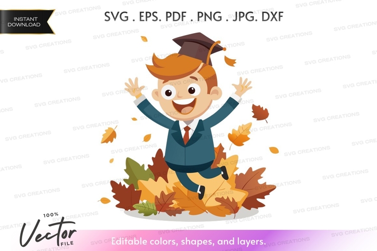 Jubilant graduate playing in fall leaves