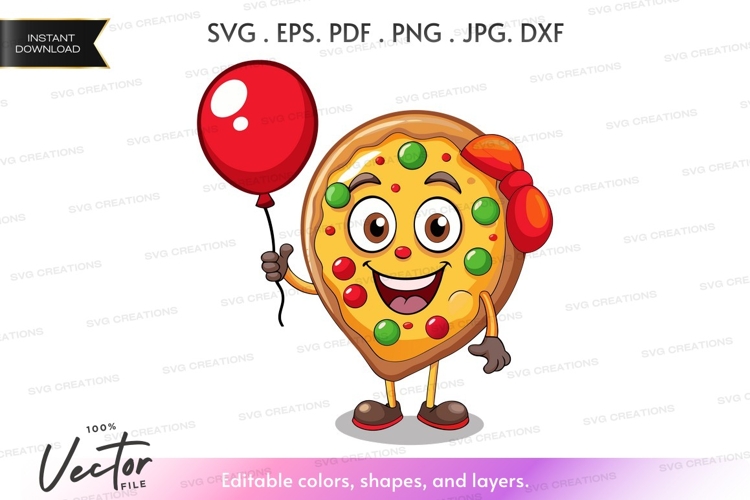 Pizza character holding balloon - vector (6514416)