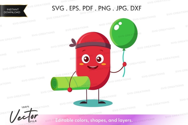 Playful bean character with balloon and yoga mat