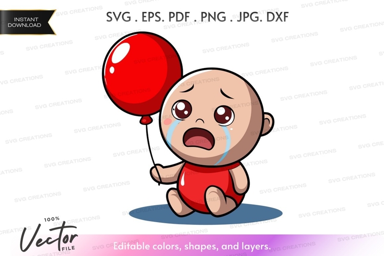Crying baby holding a red balloon