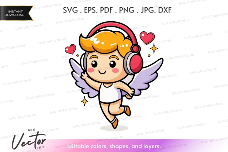 Dancing angel with headphones vector silhouette