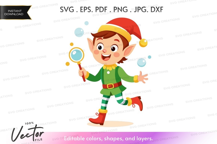Cheerful elf with magnifying glass
