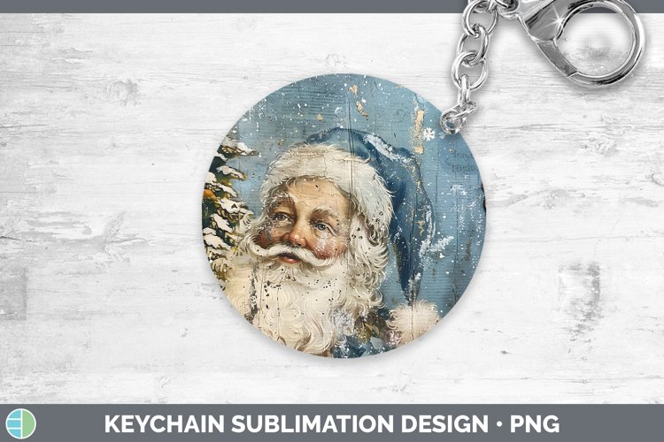Vintage Blue Christmas Santa Keychain Sublimation Keyring De