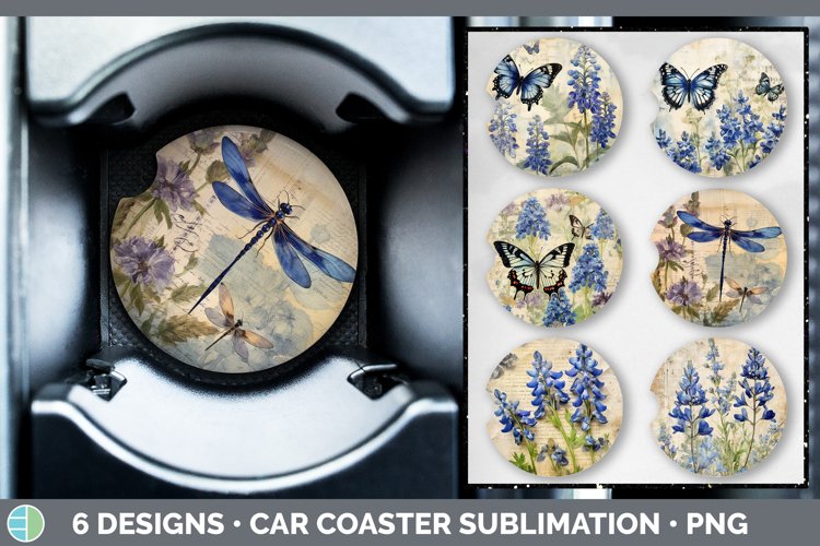 Vintage Bluebonnet Flowers Car Coaster | Sublimation Coaster