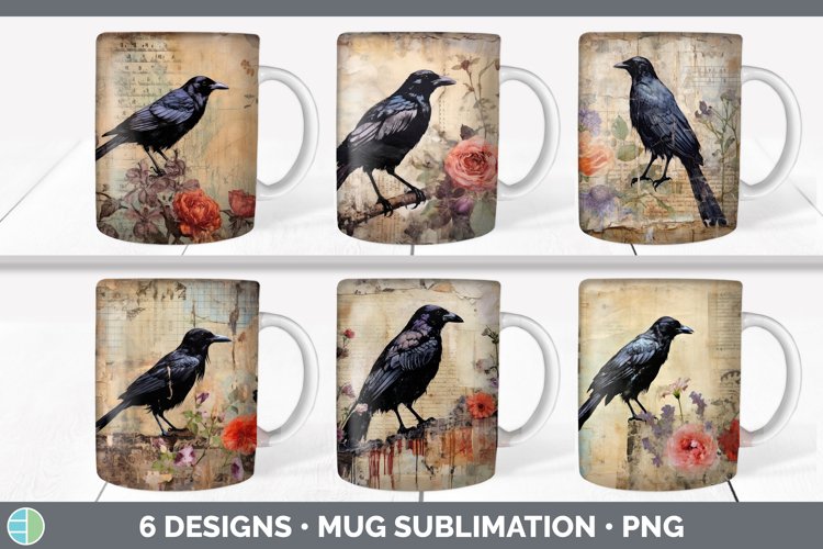 Vintage Crow Bird Mug Wrap | Sublimation Coffee Cup Designs
