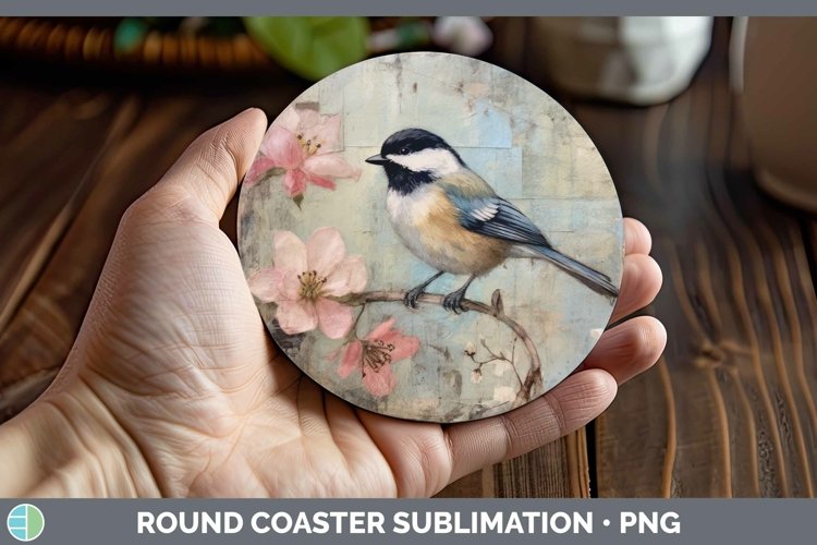 Vintage Decoupage Chickadee Round Coaster | Sublimation Coas