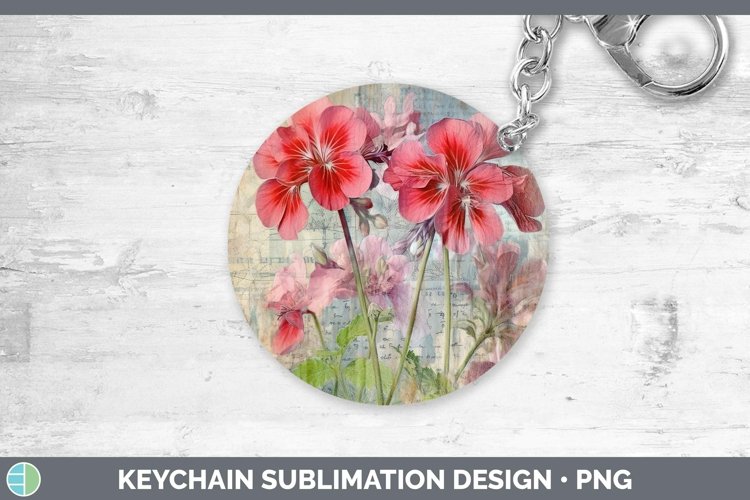 Vintage Decoupage Geranium Keychain | Sublimation Keyring De
