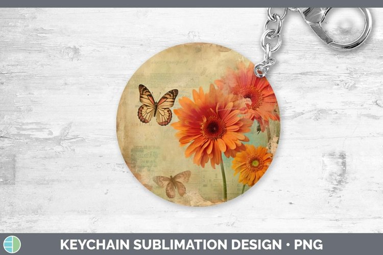 Vintage Decoupage Gerbera Daisy Keychain Sublimation Keyring