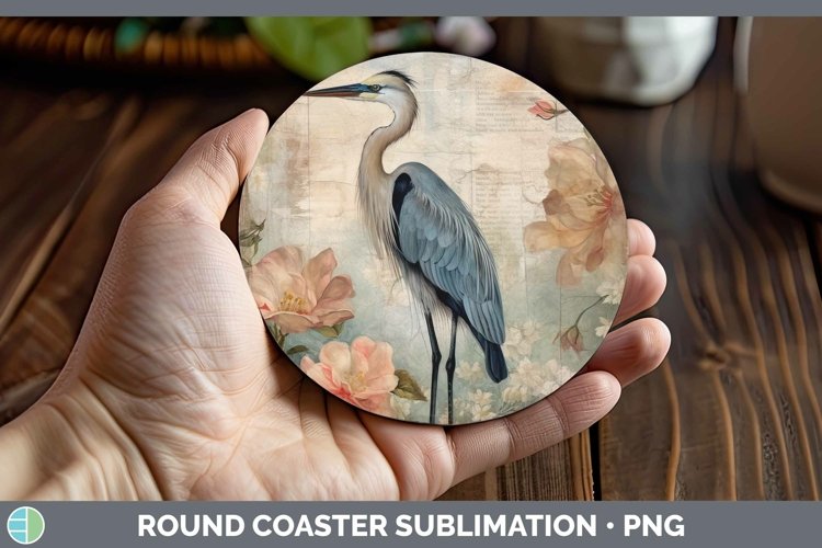 Vintage Decoupage Great Blue Heron Round Coaster | Sublimati