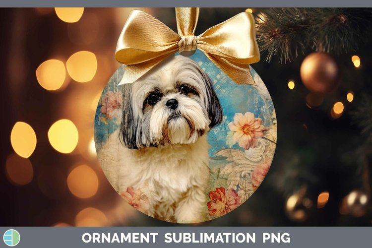 Vintage Decoupage Lhasa Apso Ornament Sublimation Bauble Des