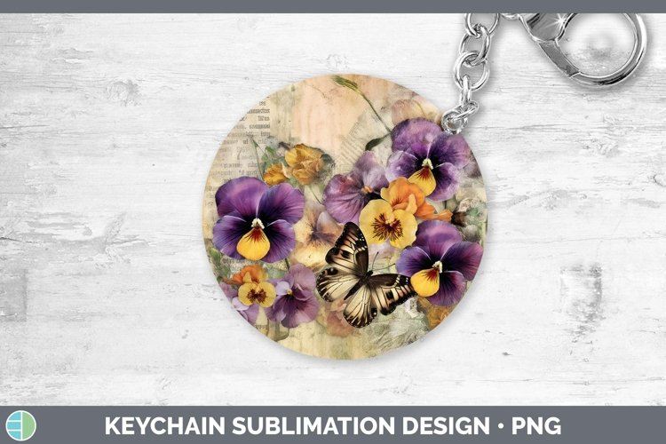 Vintage Decoupage Pansy Keychain Sublimation Keyring Designs