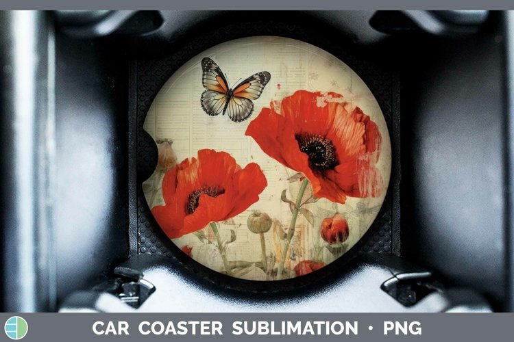 Vintage Decoupage Poppy Car Coaster Sublimation Coaster Desi