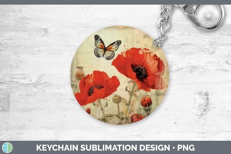 Vintage Decoupage Poppy Keychain Sublimation Keyring Designs