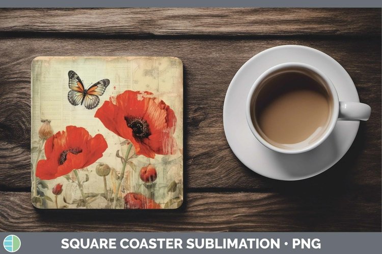 Vintage Decoupage Poppy Square Coaster Sublimation Coaster D