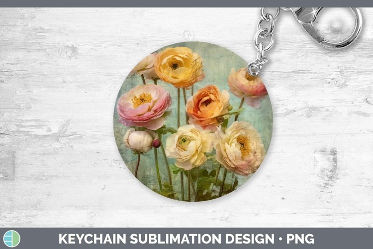 Vintage Decoupage Ranunculus Keychain | Sublimation Keyring
