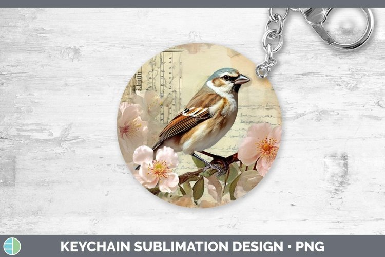 Vintage Decoupage Sparrow Keychain | Sublimation Keyring Des