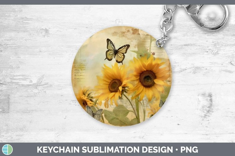 Vintage Decoupage Sunflower Keychain Sublimation Keyring Des