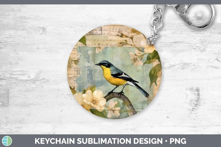 Vintage Decoupage Warbler Keychain | Sublimation Keyring Des