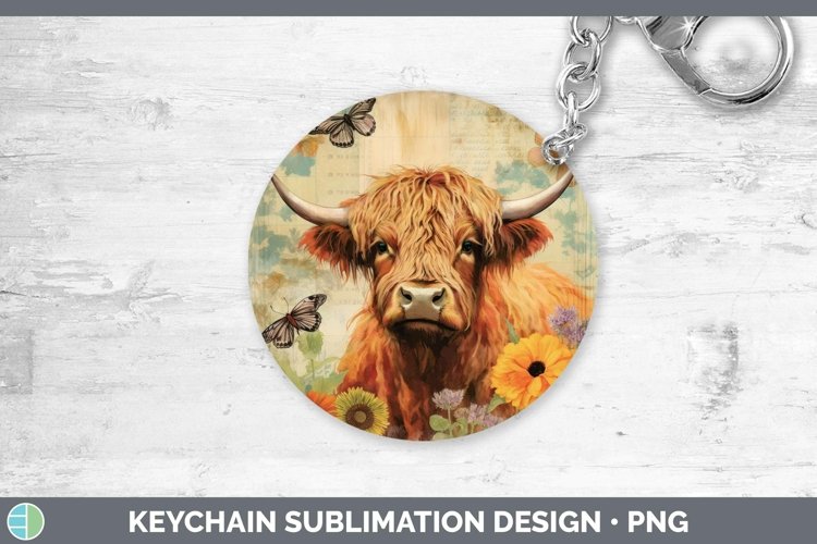 Vintage Farm Highland Cow Keychain Sublimation Keyring Desig
