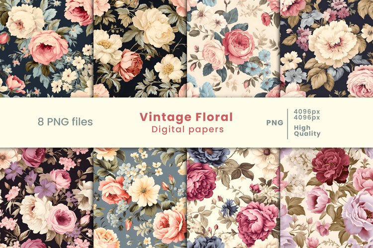Vintage floral digital papers set PNG